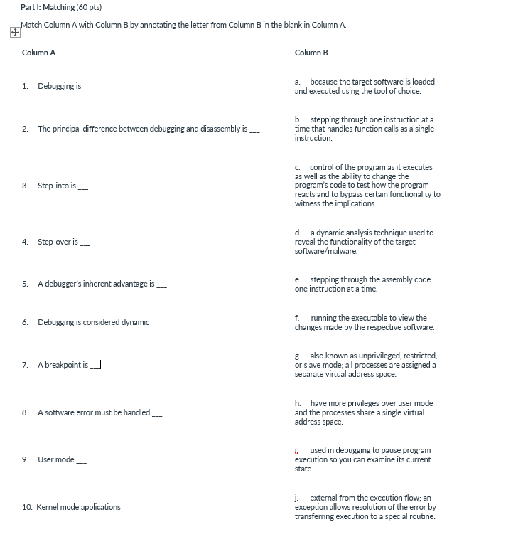 Solved Part I: Matching (60 ﻿pts)Match Column A with Column | Chegg.com