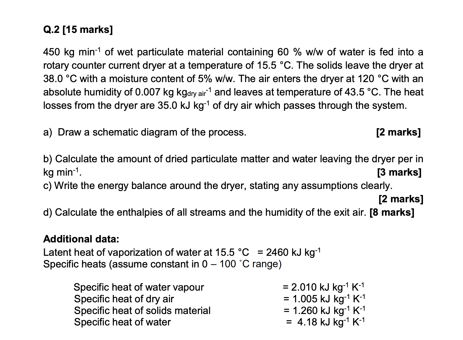 Solved 450 kg min−1 of wet particulate material containing | Chegg.com