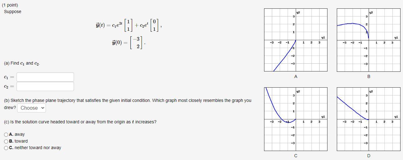 Solved (1 point) Suppose y(t)=c1e2t[11]+c2et[01]y(0)=[−32] | Chegg.com