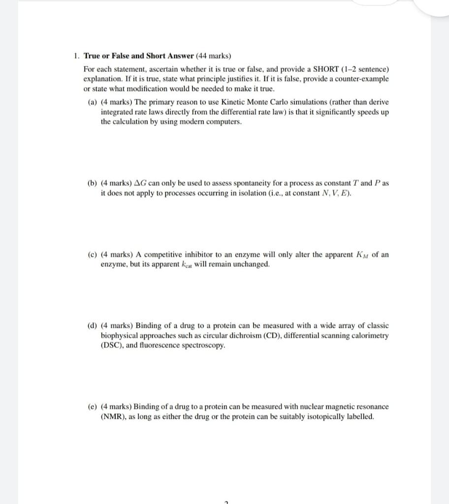 Solved 1. True or False and Short Answer (44 marks) For each | Chegg.com