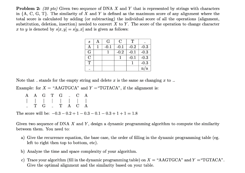 Solved Problem 2: (20 pts) Given two sequence of DNA X and Y | Chegg.com