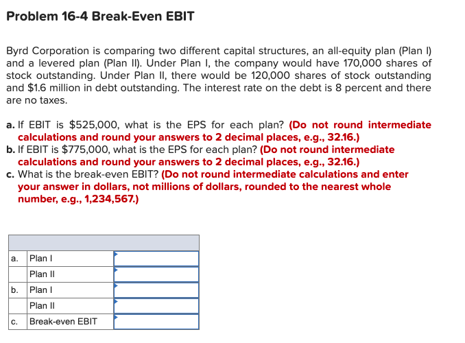 Solved Problem 16-4 Break-Even EBIT Byrd Corporation is | Chegg.com