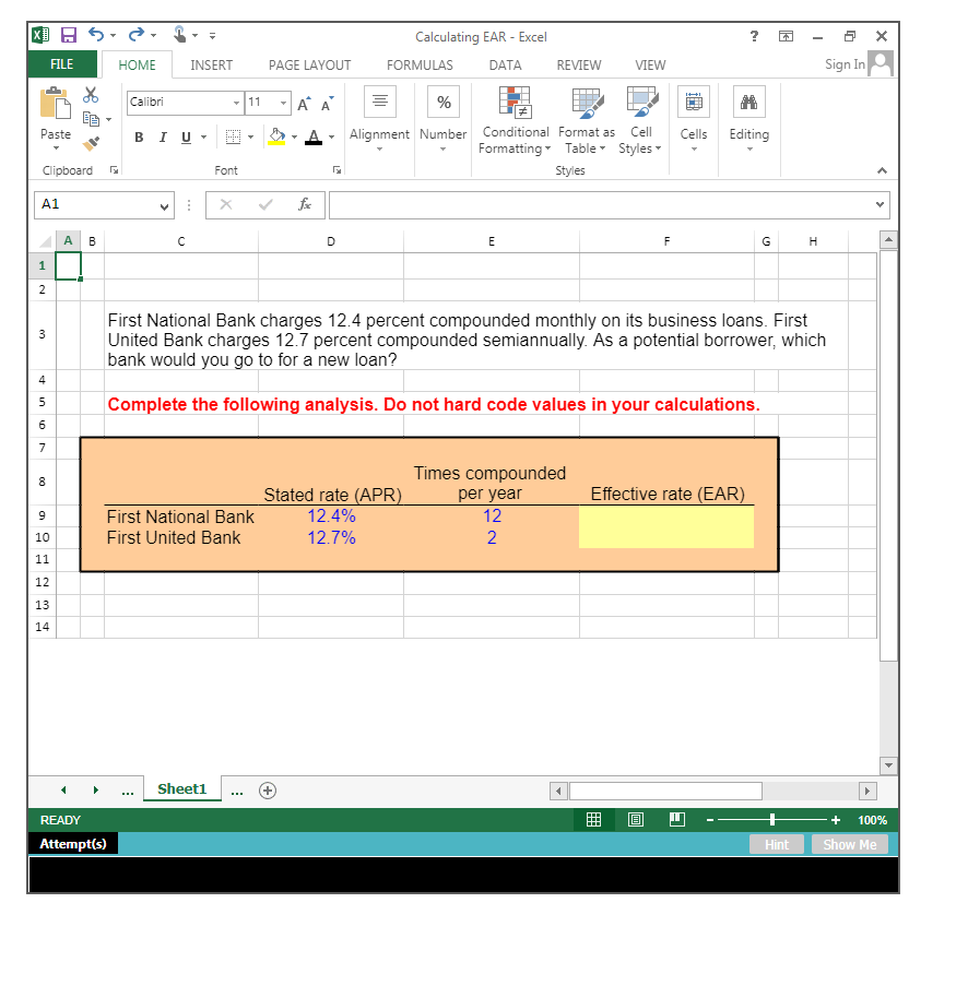 Solved XD H 5 Calculating EAR - Excel ? 阳 - 6 X FILE HOME | Chegg.com
