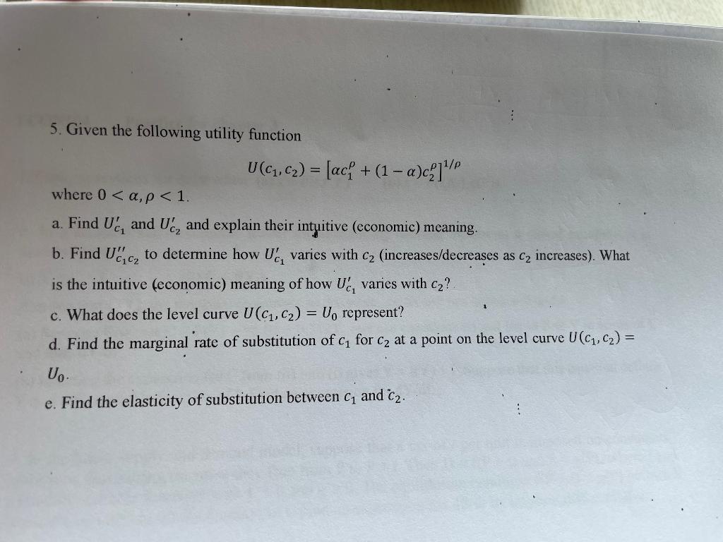 5. Given the following utility function | Chegg.com