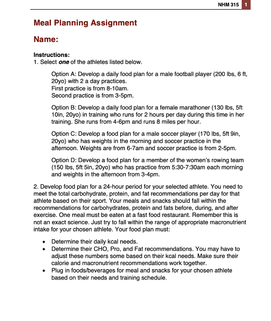 NHM 315 1 Meal Planning Assignment Name: | Chegg.com