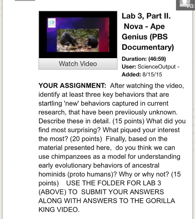 Lab 3, Part II. Nova - Ape Genius (PBS Documentary) | Chegg.com