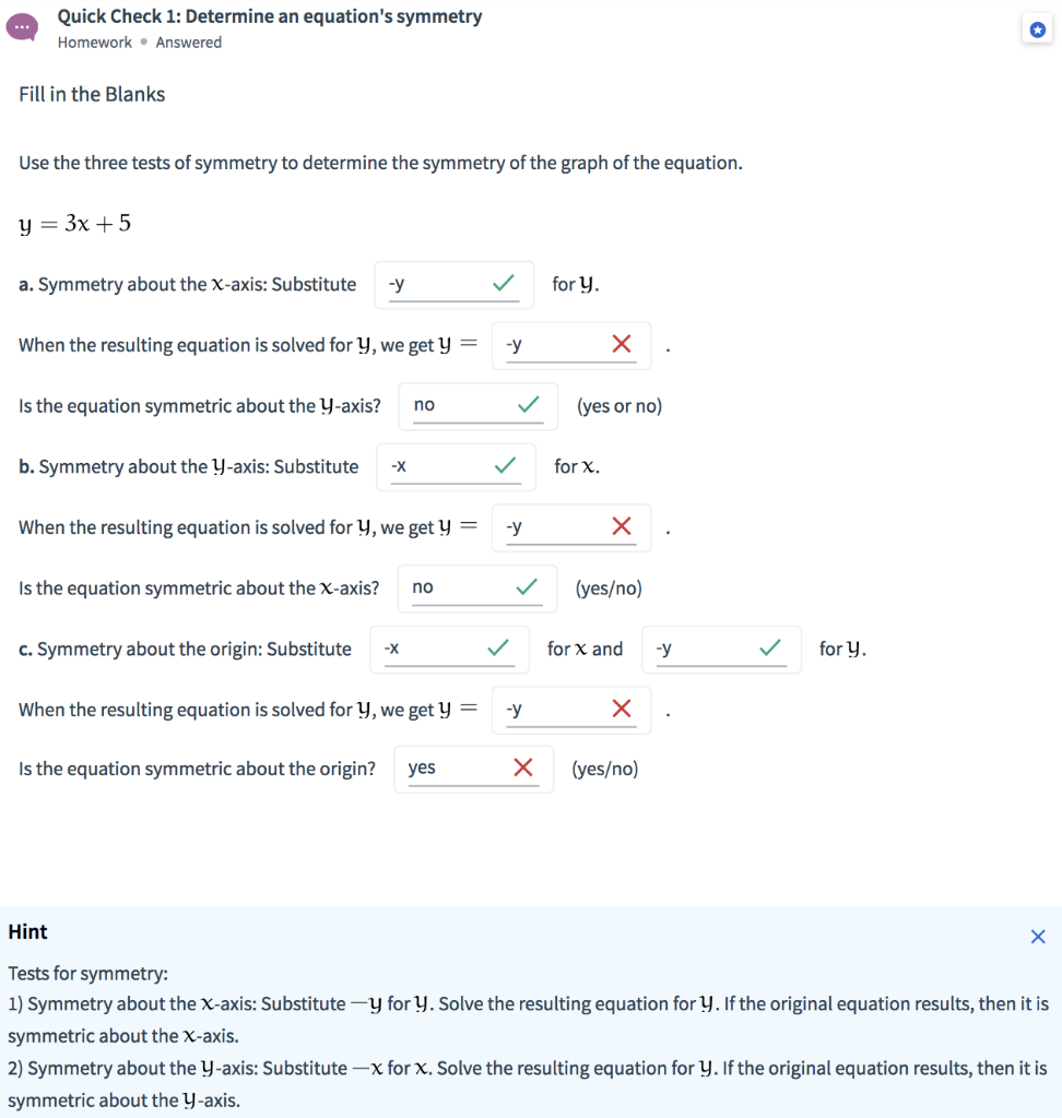 Solved Quick Check 1: Determine an equation's symmetry | Chegg.com