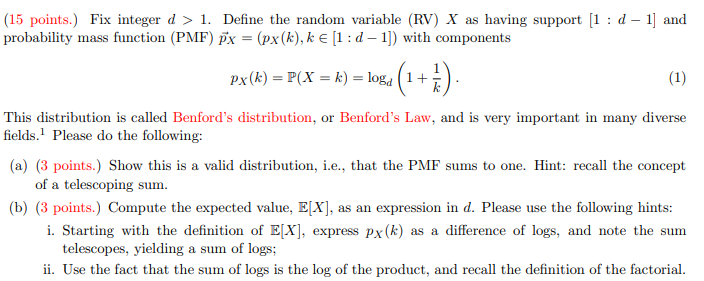 (15 points.) Fix integer d>1. Define the random | Chegg.com