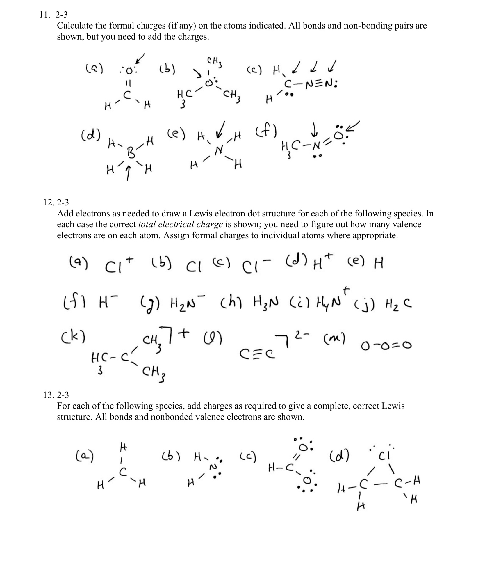 Solved 11. 2-3 Calculate the formal charges (if any) on the | Chegg.com