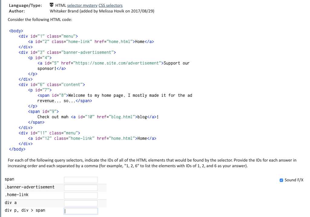 Solved Language/Type: HTML selector mystery CSS selectors | Chegg.com