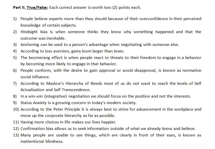 Solved Part II. True/False: Each correct answer is worth two | Chegg.com