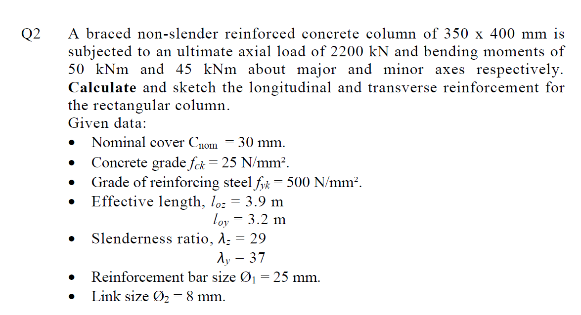 Solved Q2 - A braced non-slender reinforced concrete column | Chegg.com