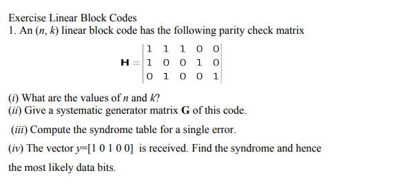 Solved Exercise Linear Block Codes 1 An N K Linear Block 