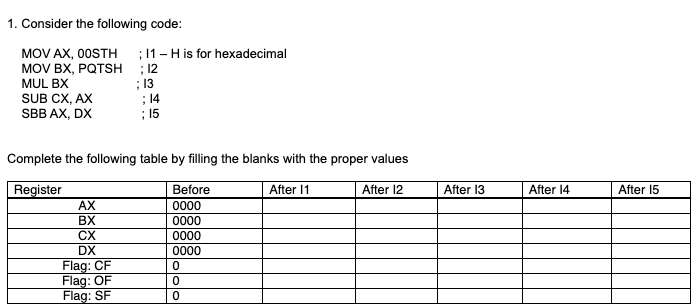 Solved 1. Consider the following code: MOV AX, OOSTH ; 11 - | Chegg.com