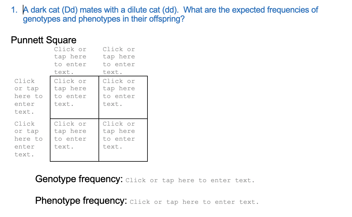 Solved 1. A dark cat (Dd) mates with a dilute cat (dd). What | Chegg.com