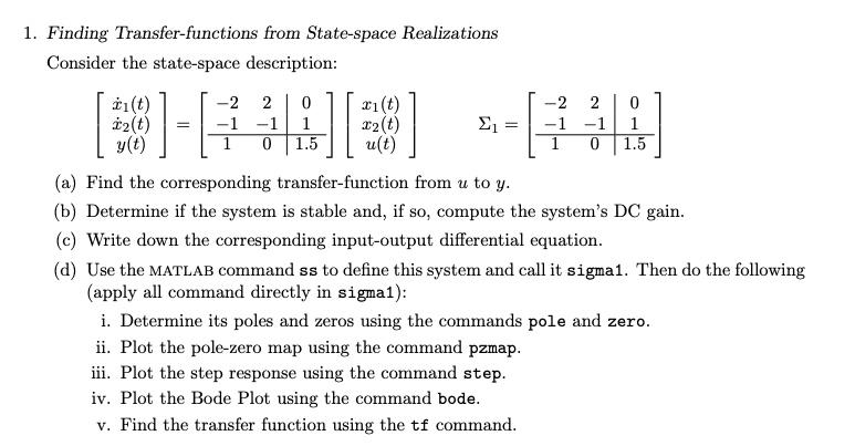 1. Finding Transfer-functions from State-space | Chegg.com