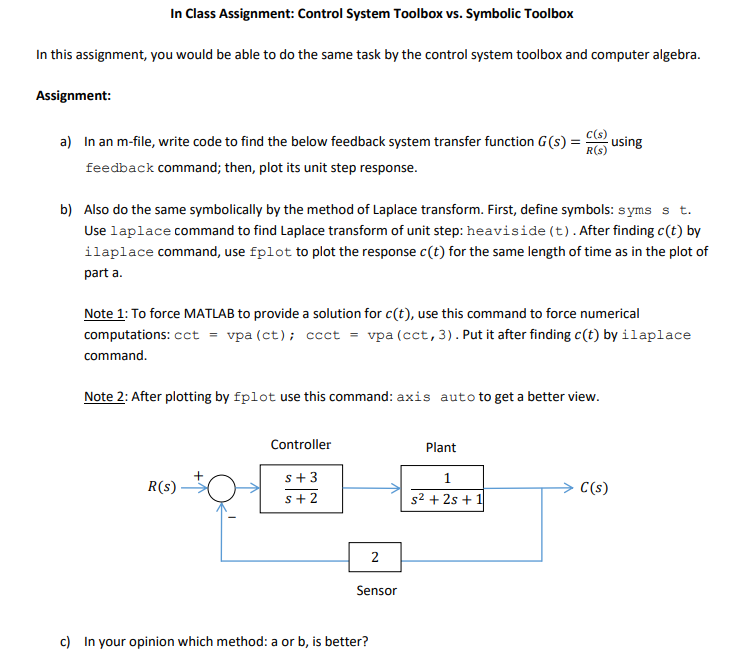 Solved In Class Assignment Control System Toolbox Vs 1575