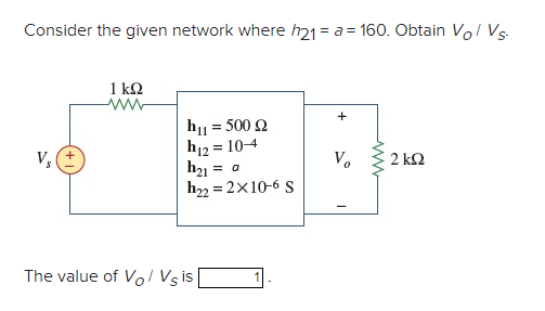 Solved Consider the given network where h21=a=160. Obtain | Chegg.com