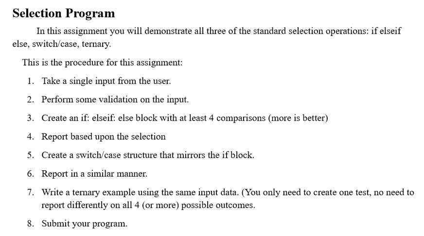 Solved Selection ProgramIn this assignment you will | Chegg.com