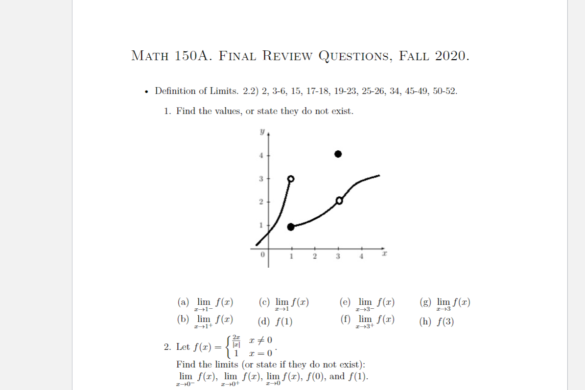 Solved MATH 150A. FINAL REVIEW QUESTIONS, FALL 2020. • | Chegg.com