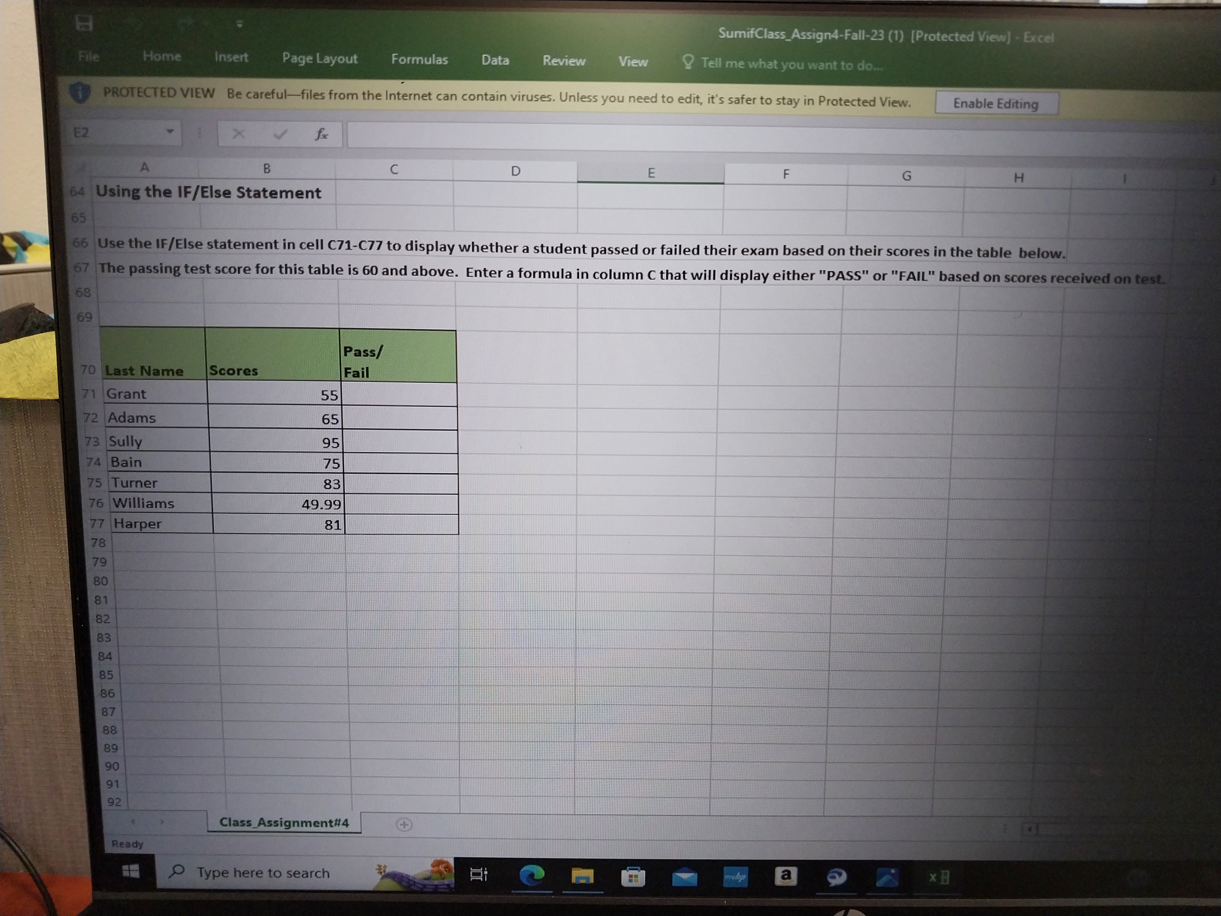 Solved Use the IF/Else statement in cell C71-C77 to display | Chegg.com