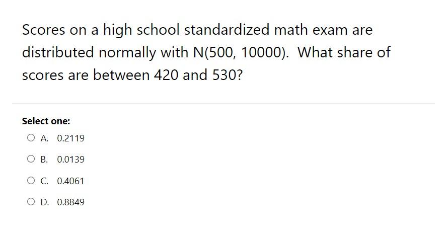 Solved Scores on a high school standardized math exam are | Chegg.com