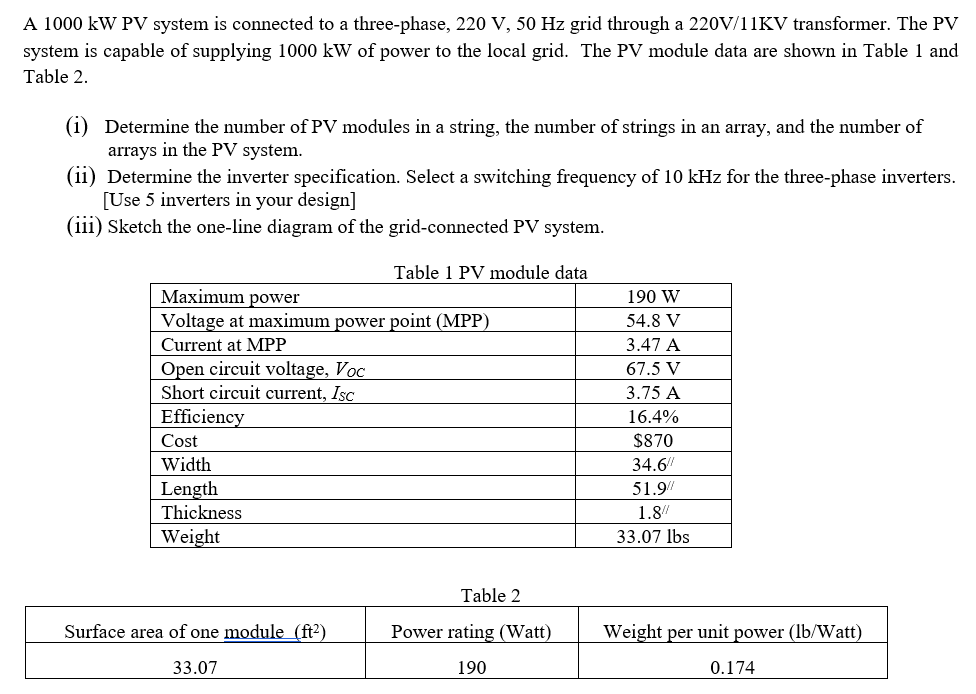 A 1000 kW PV system is connected to a three-phase, | Chegg.com