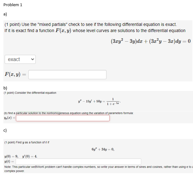 Solved Problem 1 a) (1 point) Use the "mixed partials" check | Chegg.com