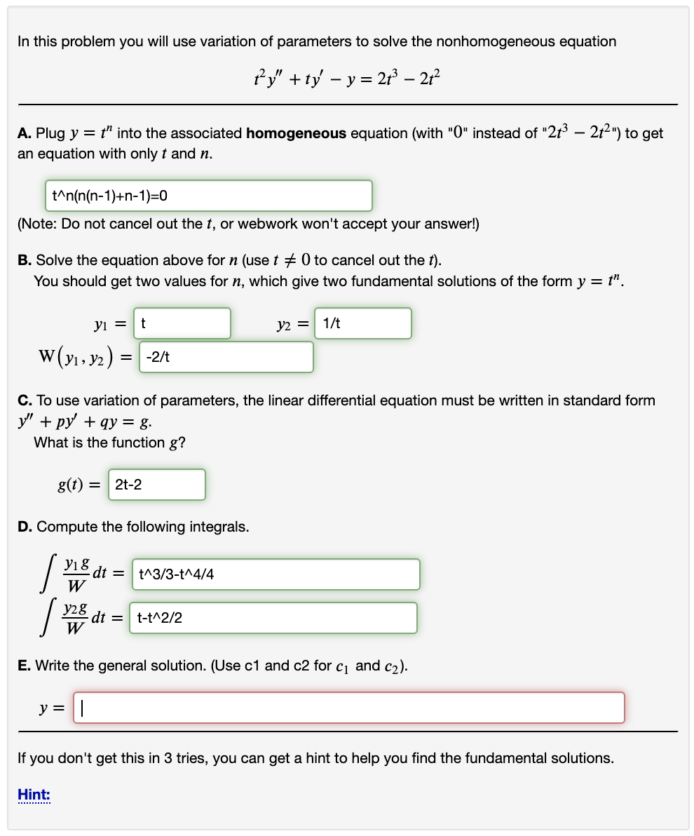 Solved In this problem you will use variation of parameters | Chegg.com