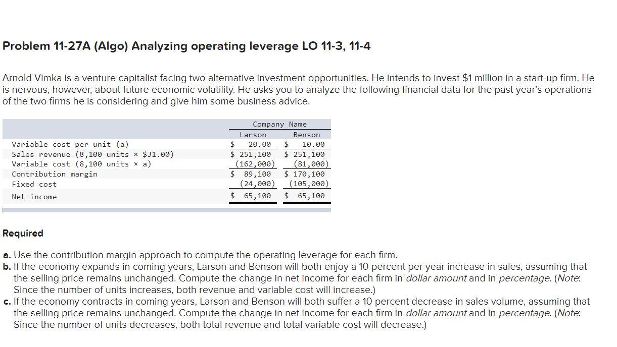 Solved Problem 11-27A (Algo) Analyzing operating leverage LO | Chegg.com