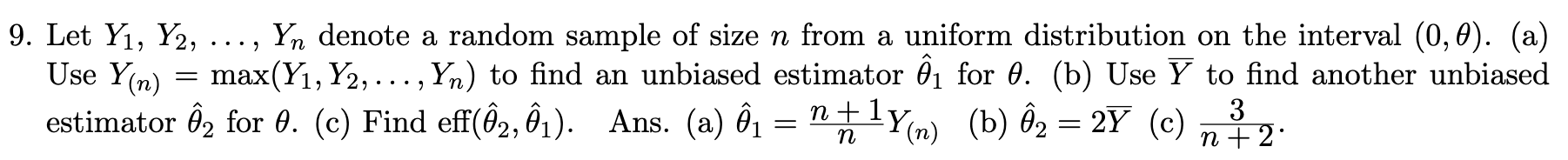 Solved Use Y(n) ) 9. Let Y1, Y2, ..., Yn denote a random | Chegg.com