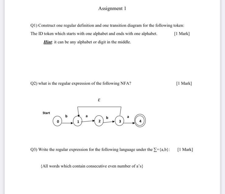 Solved Assignment 1 Q1) Construct one regular definition and | Chegg.com
