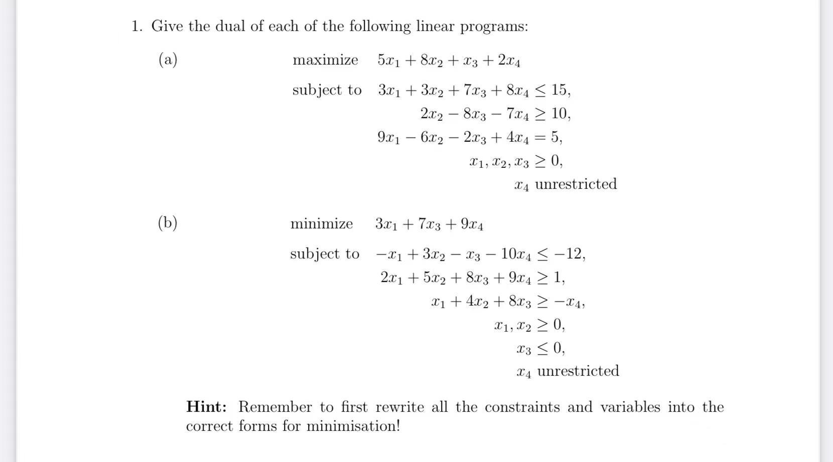 Solved 1. Give the dual of each of the following linear | Chegg.com