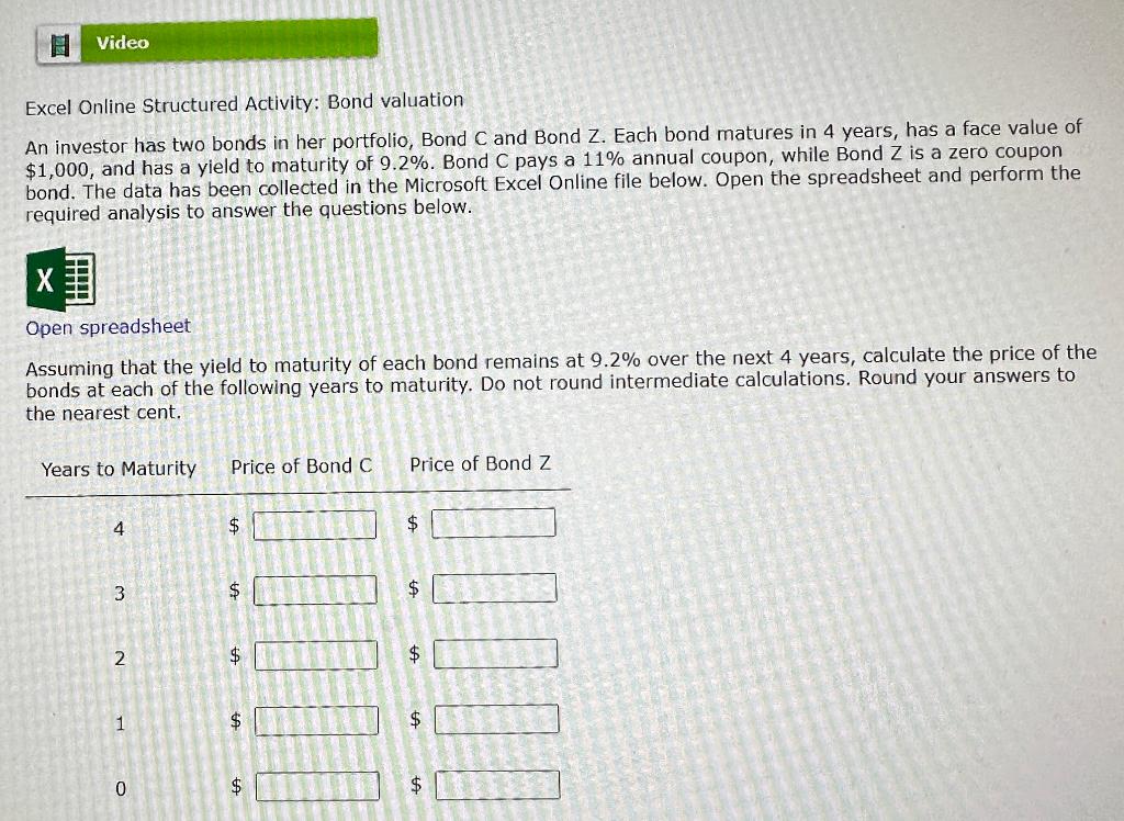 Solved Excel Online Structured Activity: Bond valuation An | Chegg.com