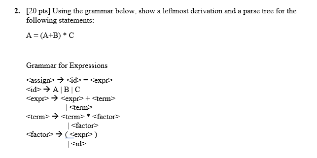 Solved 2. [20 pts] Using the grammar below, show a leftmost | Chegg.com