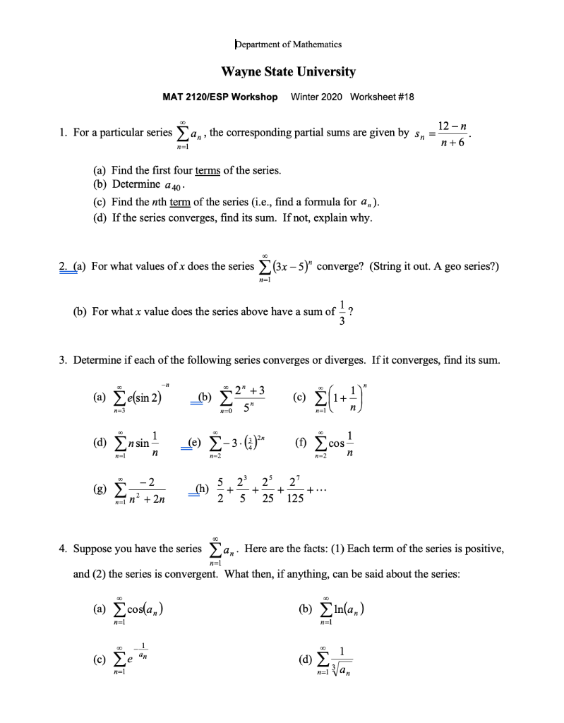 Solved Department of Mathematics Wayne State University MAT | Chegg.com