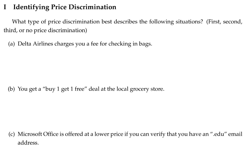 Solved I Identifying Price Discrimination What type of price | Chegg.com
