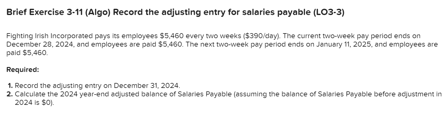 Solved Brief Exercise 3-11 (Algo) Record the adjusting entry | Chegg.com