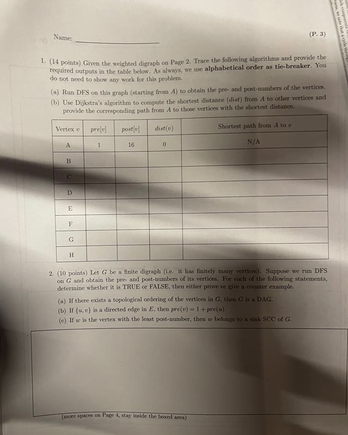 Solved 1. (14 points) Given the weighted digraph on Page 2. | Chegg.com