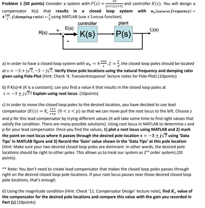 Solved 10 rad Problem 1 (50 points) Consider a system with | Chegg.com