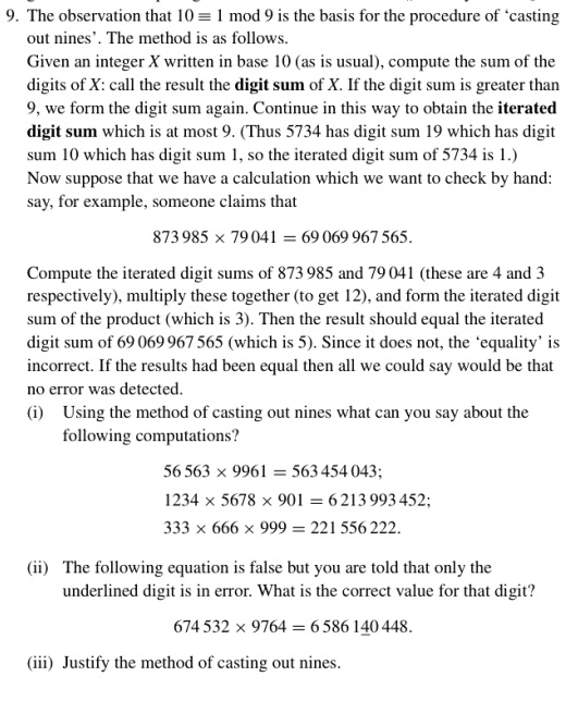 Solved The observation that 10≡1mod9 is the basis for the | Chegg.com