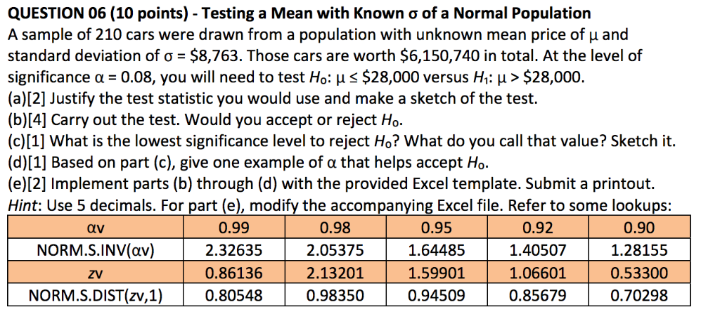 Solved QUESTION 06 (10 points)-Testing a Mean with Known σ | Chegg.com