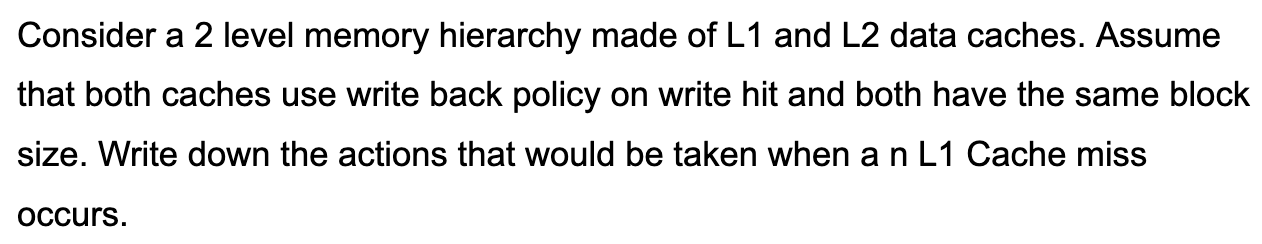 Solved Consider a 2 level memory hierarchy made of L1 and L2 | Chegg.com