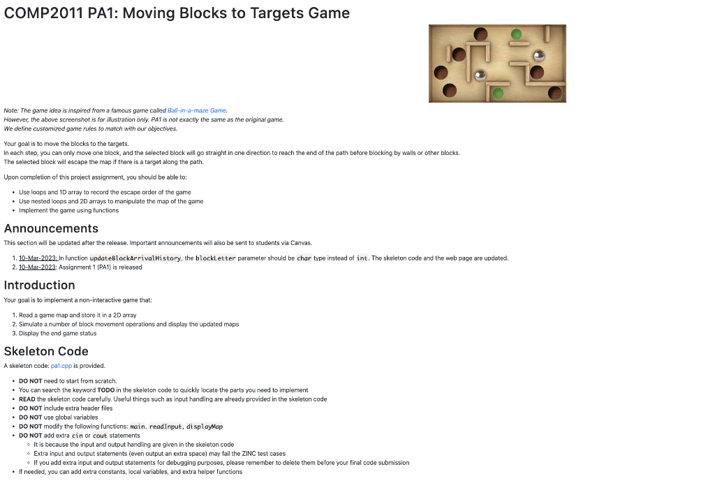 Solved COMP2011 PA1: Moving Blocks to Targets Game Note: The | Chegg.com