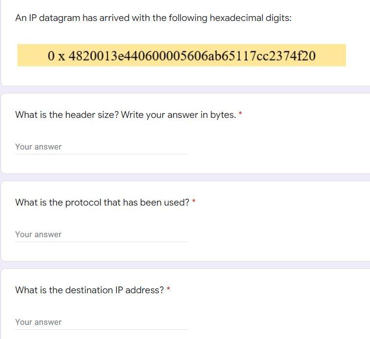 Solved An IP datagram has arrived with the following | Chegg.com