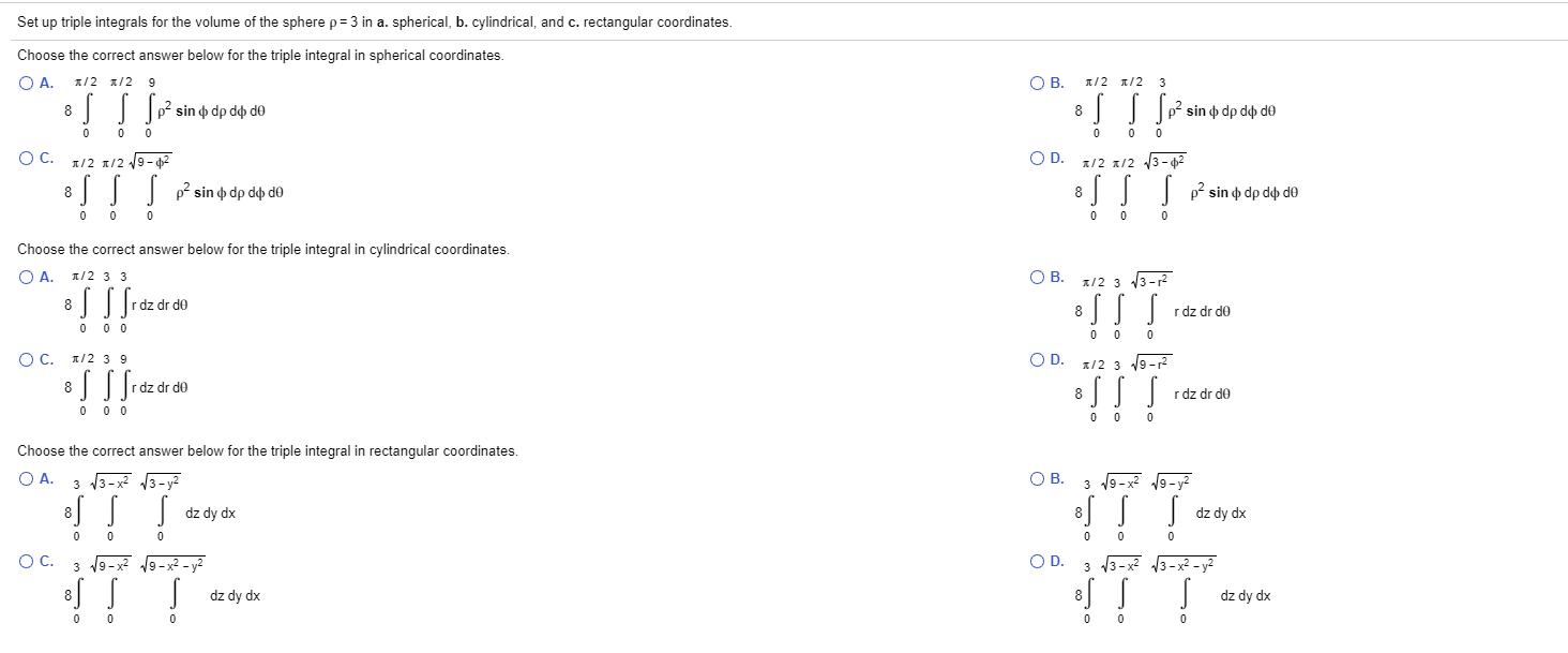 Solved Set up triple integrals for the volume of the sphere | Chegg.com