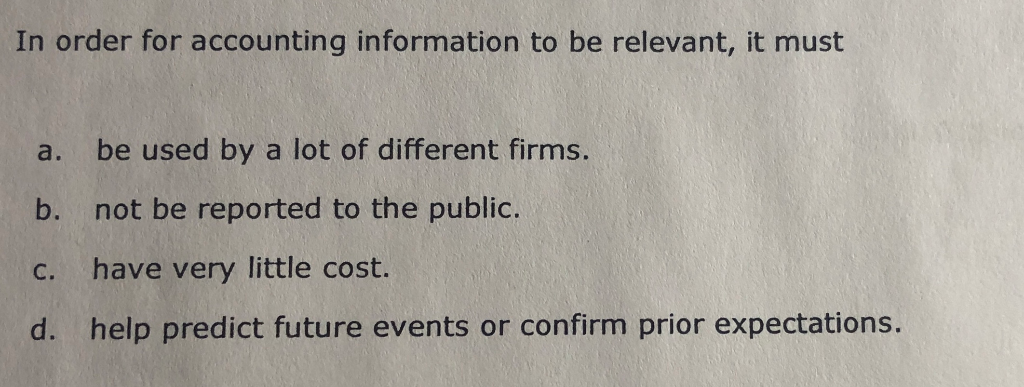 Solved In order for accounting information to be relevant, | Chegg.com