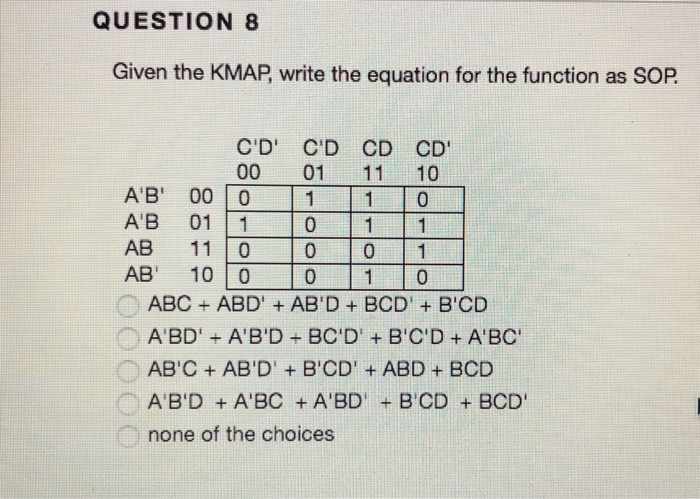 Solved QUESTION 8 Given the KMAP, write the equation for the | Chegg.com