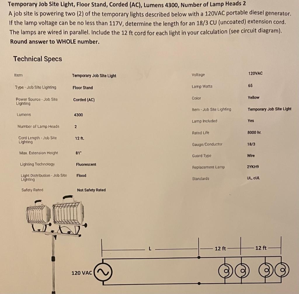 Solved Temporary Job Site Light, Floor Stand, Corded (AC), | Chegg.com
