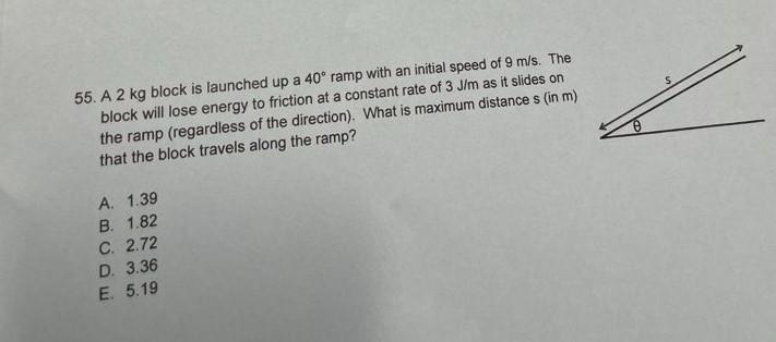 Solved 55. A 2 kg block is launched up a 40∘ ramp with an | Chegg.com